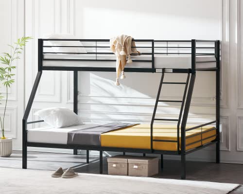 VINGLI Metal Bunk Bed Twin Over Full, Flat Steps, Black