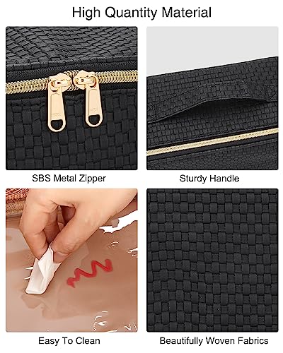 Relavel Travel Makeup Bag, Large Cosmetic Organizer Case Travel Toiletry Storage Train Case for Women and Girls, with Brush Compartment and Easy to Clean Lining, Black