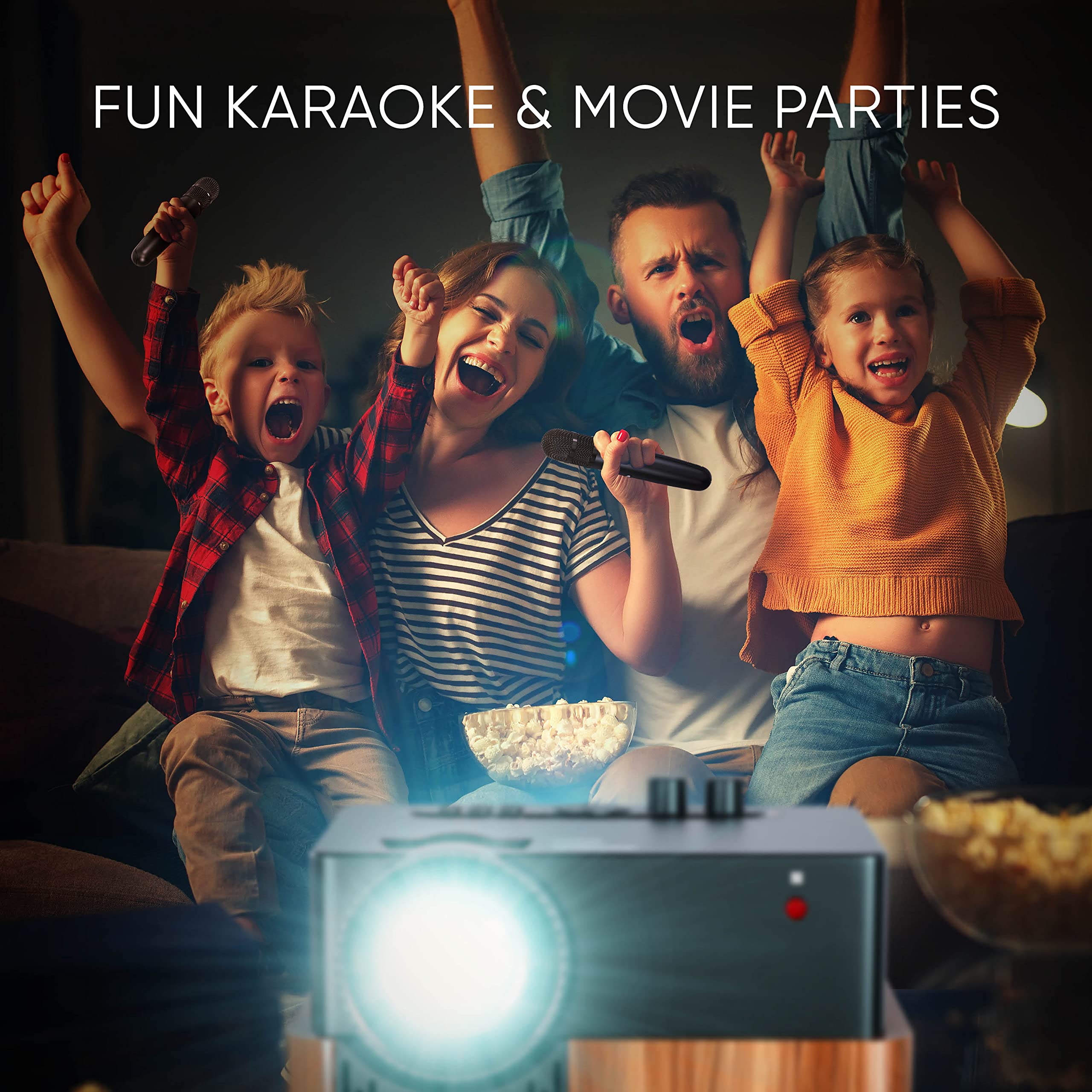 MASINGO New 2022 4-in-1 Portable Karaoke Machine with Smart 1080p Projector with WiFi, Speakers & 2 Wireless Microphones. Built-in Android System for Lyrics Display Apps, Netflix, YouTube, etc. - Q4