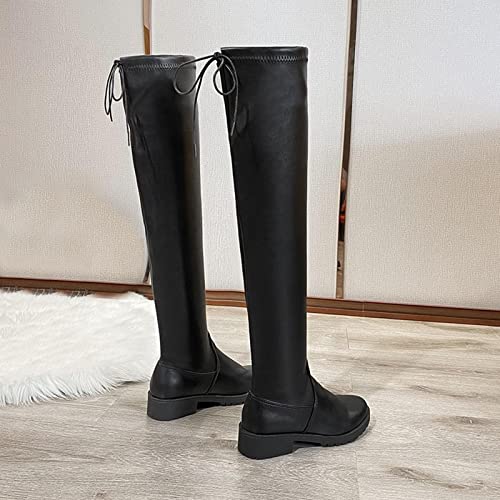 FASDNENDYS Womens Pointed Toe Knee High Boots Shoes Boots Up Heeled Low Knee Long High Boots Over Short Heel Black