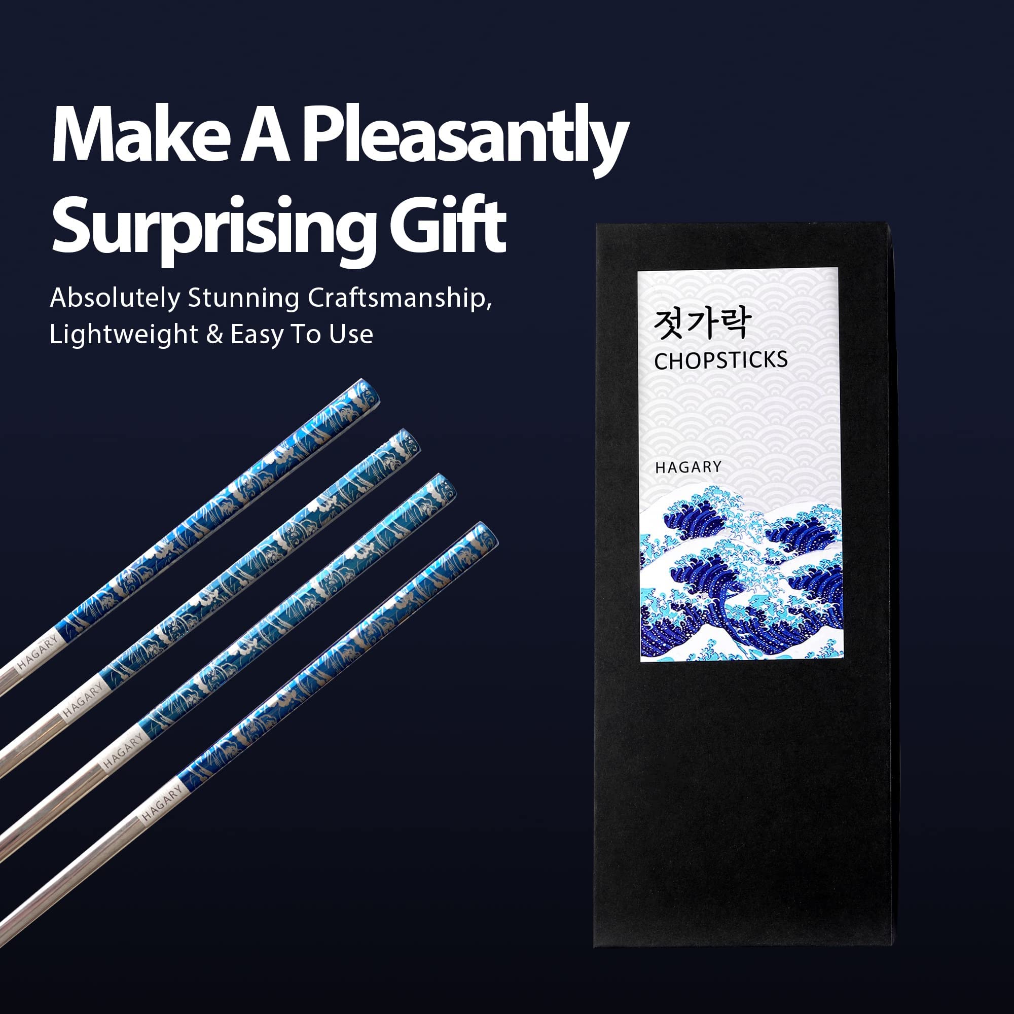 Hagary Blue Wave Chopsticks 2 Pairs Metal Chopsticks Reusable Designed In Korea Japanese Style Stainless Steel 316 18/10 Non-Slip Dishwasher Safe