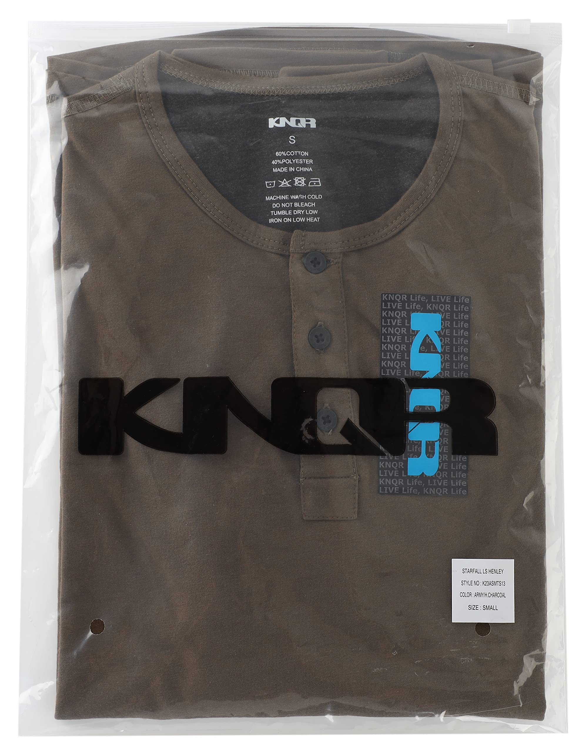 KNQR Men's Athletic Long Sleeve Slim Fit Active Sportswear Workout Running Gym Henley T-Shirts Black/H.Charcoal L