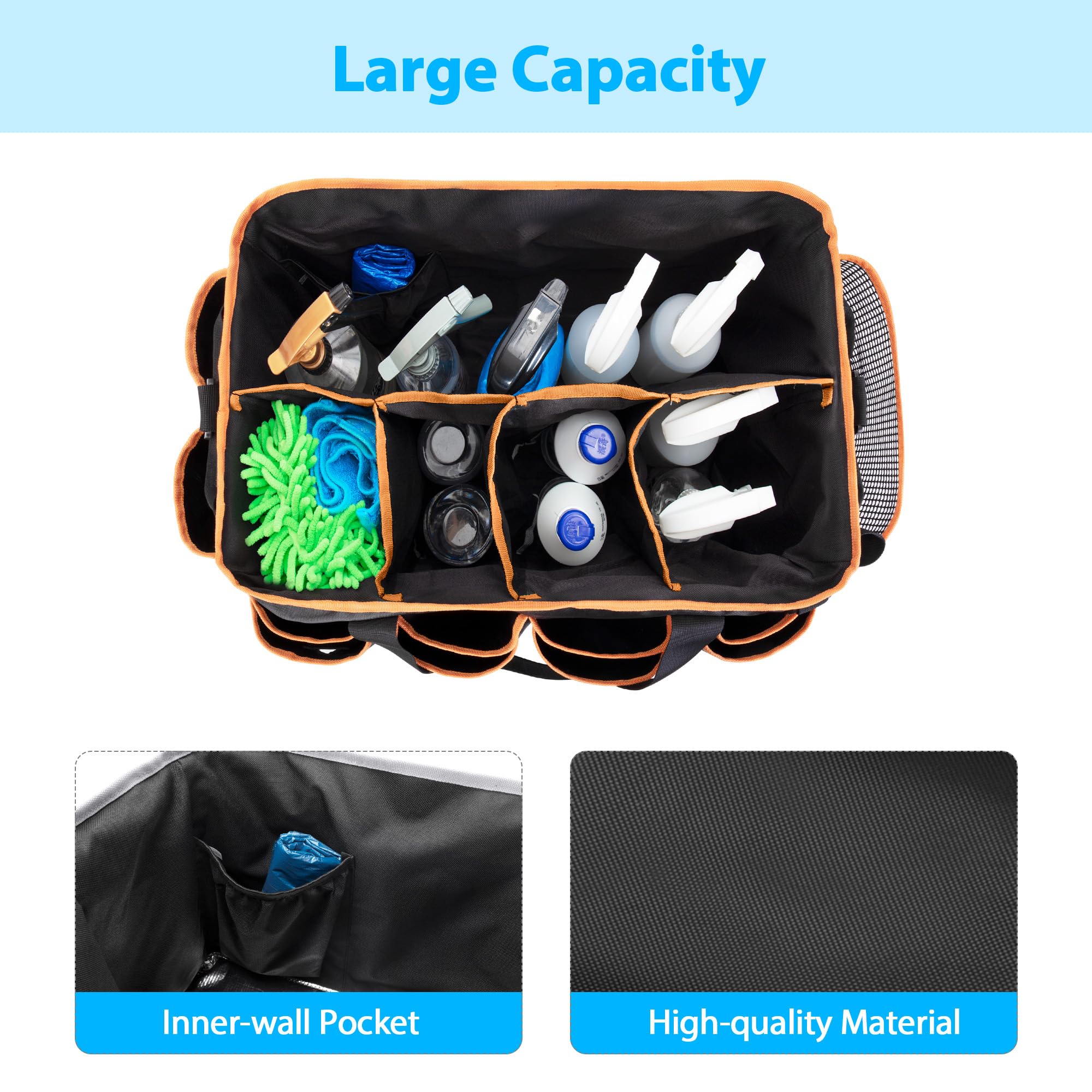 HODRANT Extra-large Wearable Cleaning Caddy, Cleaning Organizer Bag for Cleaning Products, Housekeeper Tote with Pad, Handle, Car Wash Tools Bag for Detailing Supplies, Bag Only, Orange Edge