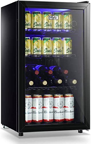 WANAI Beverage Refrigerator Cooler Mini Fridge Glass Door 100Can Beer Fridge Beverage Cooler Drinks Wines Juice Soda Cooler Adjustable Shelves Blue LED Lights Temp Control for Home Dorm 3.2 Cu. Ft