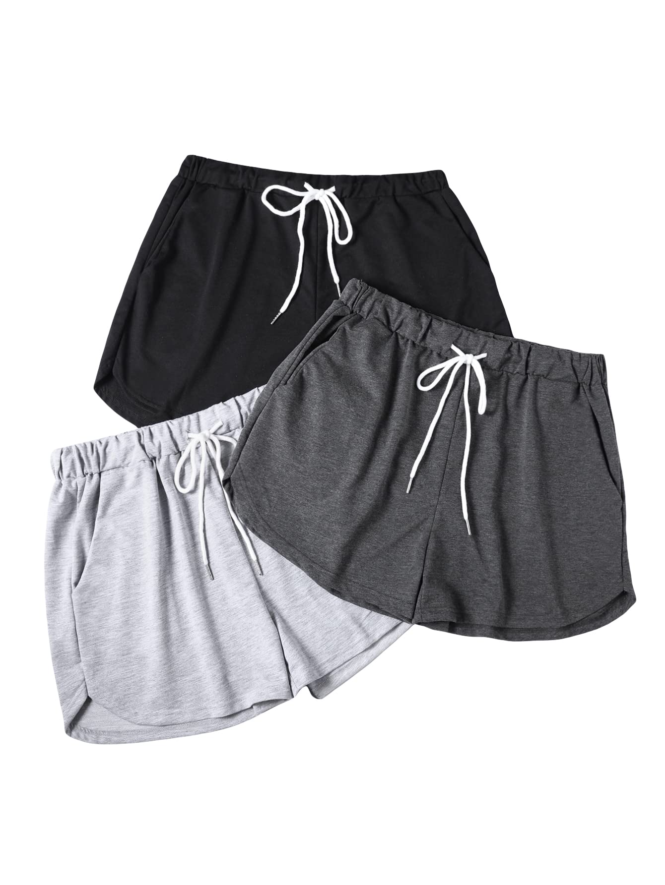 GORGLITTER Women's Plus 3 Piece Casual Sweat Shorts Drawstring Summer Workout Shorts Black and Grey 3X-Large Plus