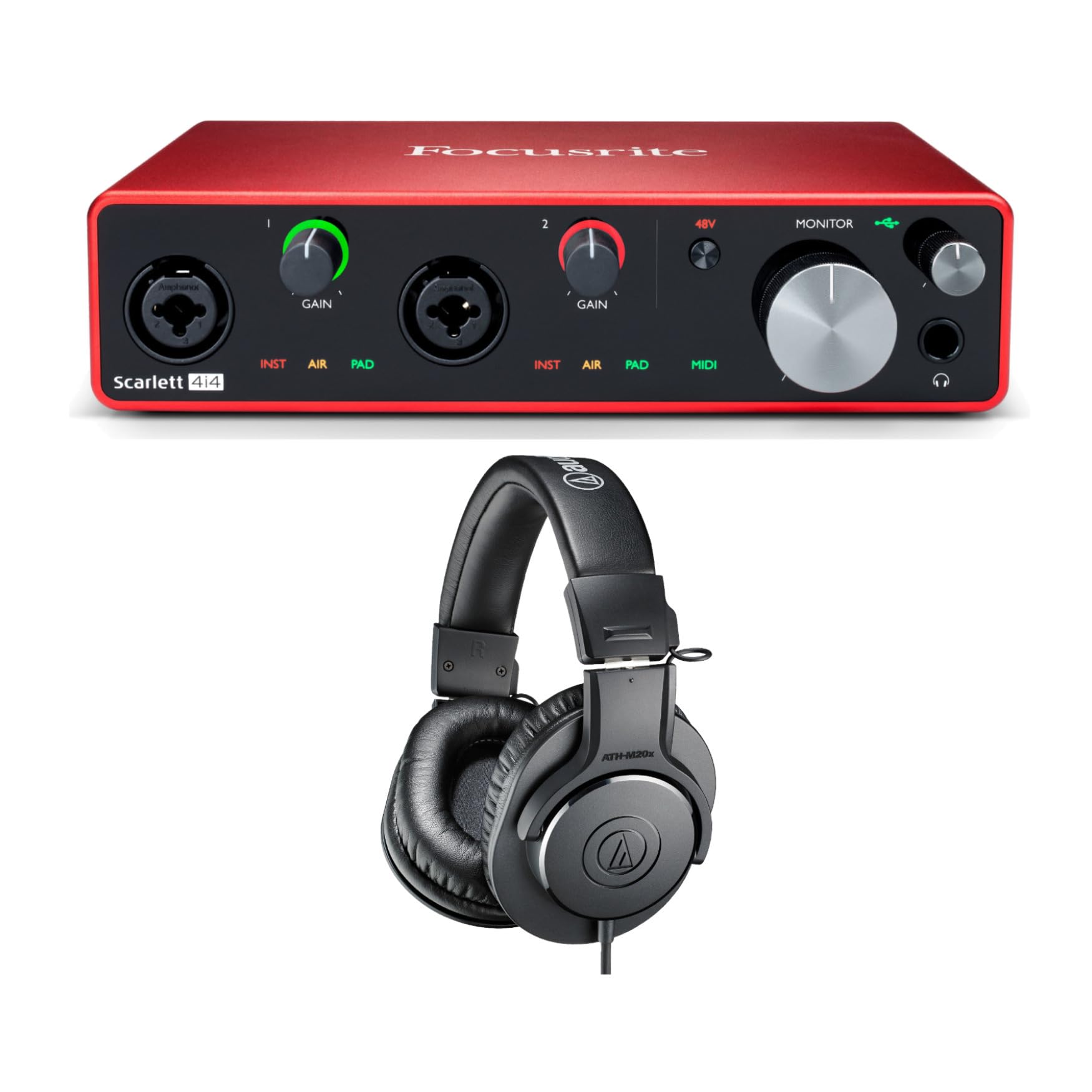 Focusrite Scarlett 4i4 3rd Gen 4x4 USB Audio Interface with Audio Technica ATH-M20x Studio Monitor Headphones Bundle (2 Items)