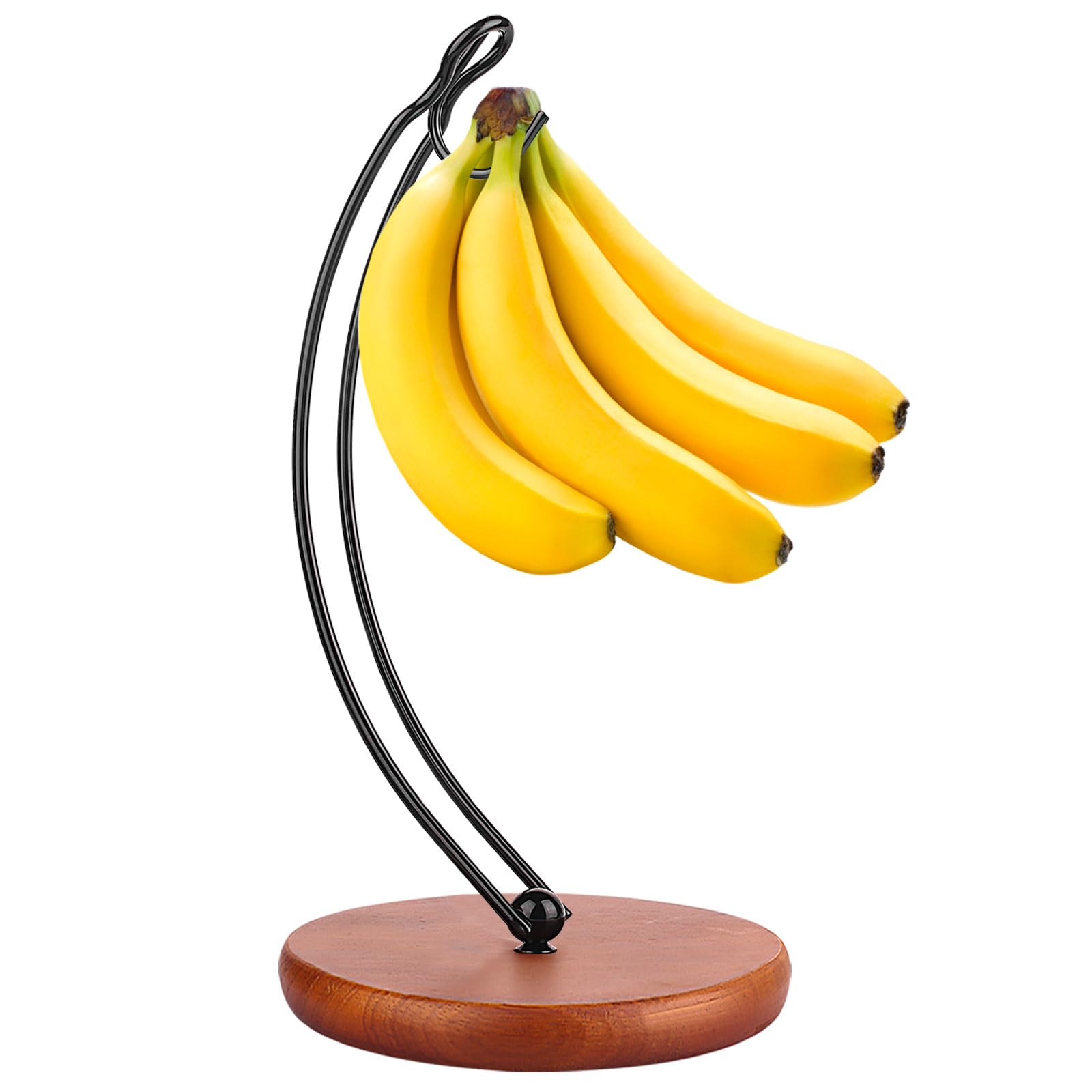 HOMKULA Banana Holder Stand - Fruit Bowl, Modern Banana Hanger, Banana Tree Hanger with Bold Stainless Steel & Thickened Wood Base, Banana Rack for Kitchen Counter (Black V2)