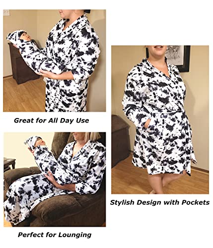 Maternity Robe and Matching Baby Set 3 in 1 - Mom Loungewear with Pockets, Swaddle Blanket, Hat White & Black (L/XL 8-16)