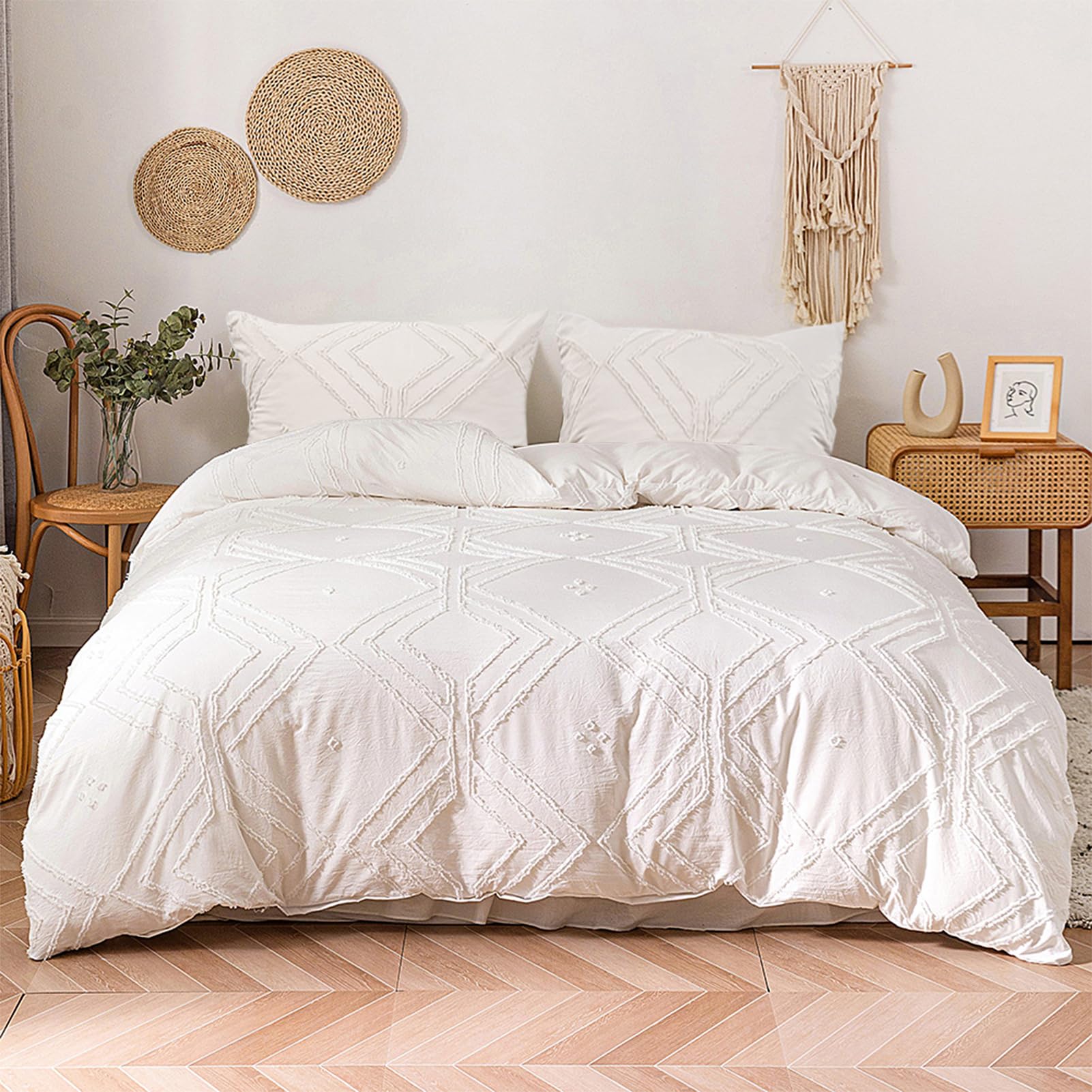 Rvciby Women White Boho Duvet Cover Queen,3PCS Soft Microfiber Bedding Set,Boho Textured,Rhombus Geometric Pattern Duvet Cover with Corner Ties & Zipper Closure (90"x90"-1 Duvet Cover,2 Pillow Cases)