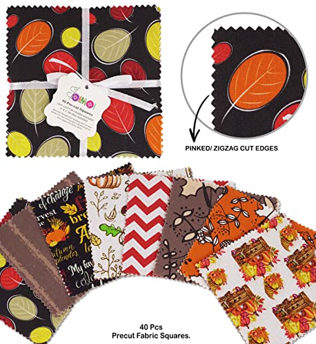 Soimoi Autumn Fall Theme Print Precut 5-inch Cotton Fabric Quilting Squares Charm Pack DIY Patchwork Sewing Craft- Multicolor