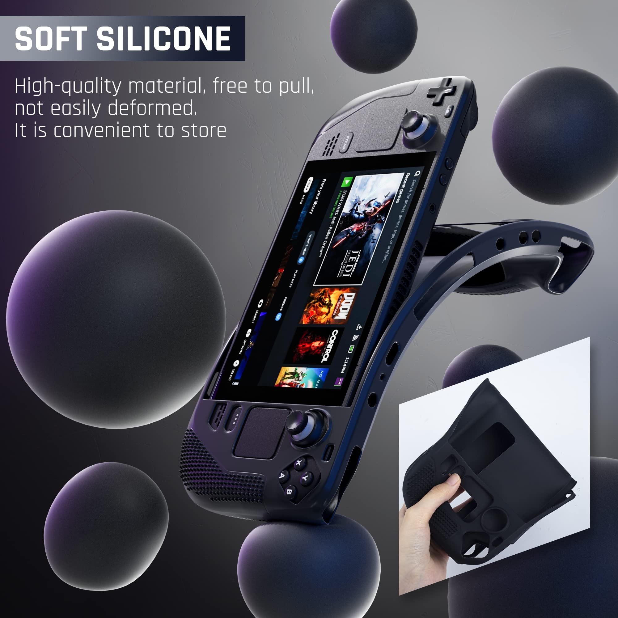 GLDRAM Case Kit for Steam Deck, Soft Silicone Cover Shock Absorption, Anti-Scratch, Ergonomic Grip Case for Steam Deck, Black Skin with 2Screen Protector,8 Thumb Caps, Full Protection Game Accessories