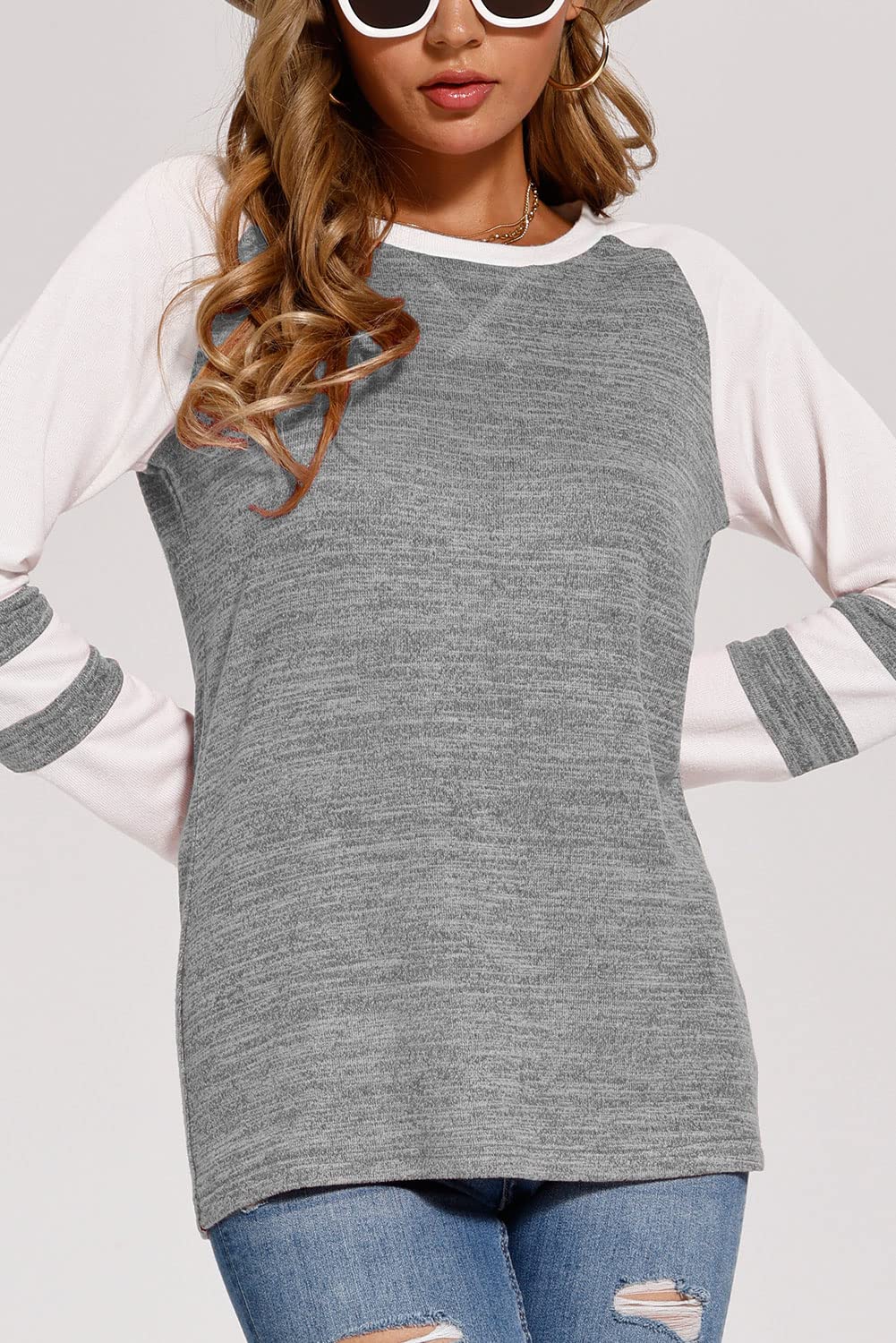 Fall Sweaters for Women 2023 Casual Winter Sweatshirts Basic Long Sleeve Tunic Tops for Legging Grey White XXLarge
