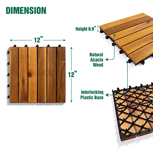 YAMAZING 12βx12β Solid Wood Interlocking Flooring Tiles (Pack of 9), Acacia Hardwood Deck Tiles, Floor Tile for Both Indoor & Outdoor Use, Patio Garden, Waterproof All Weather, 6 Slat (9 Sq Ft)