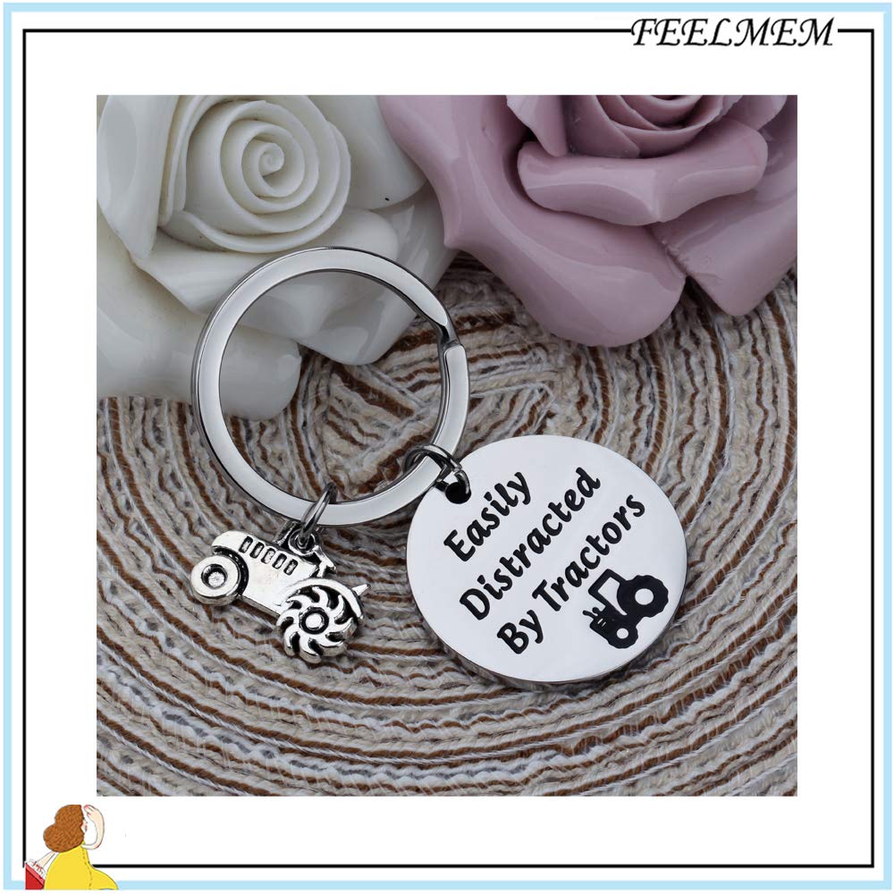 FEELMEM Funny Farm Tractor Gift Tractor Lover Gift Easily Distracted by Tractors Keychain Farmer Gift