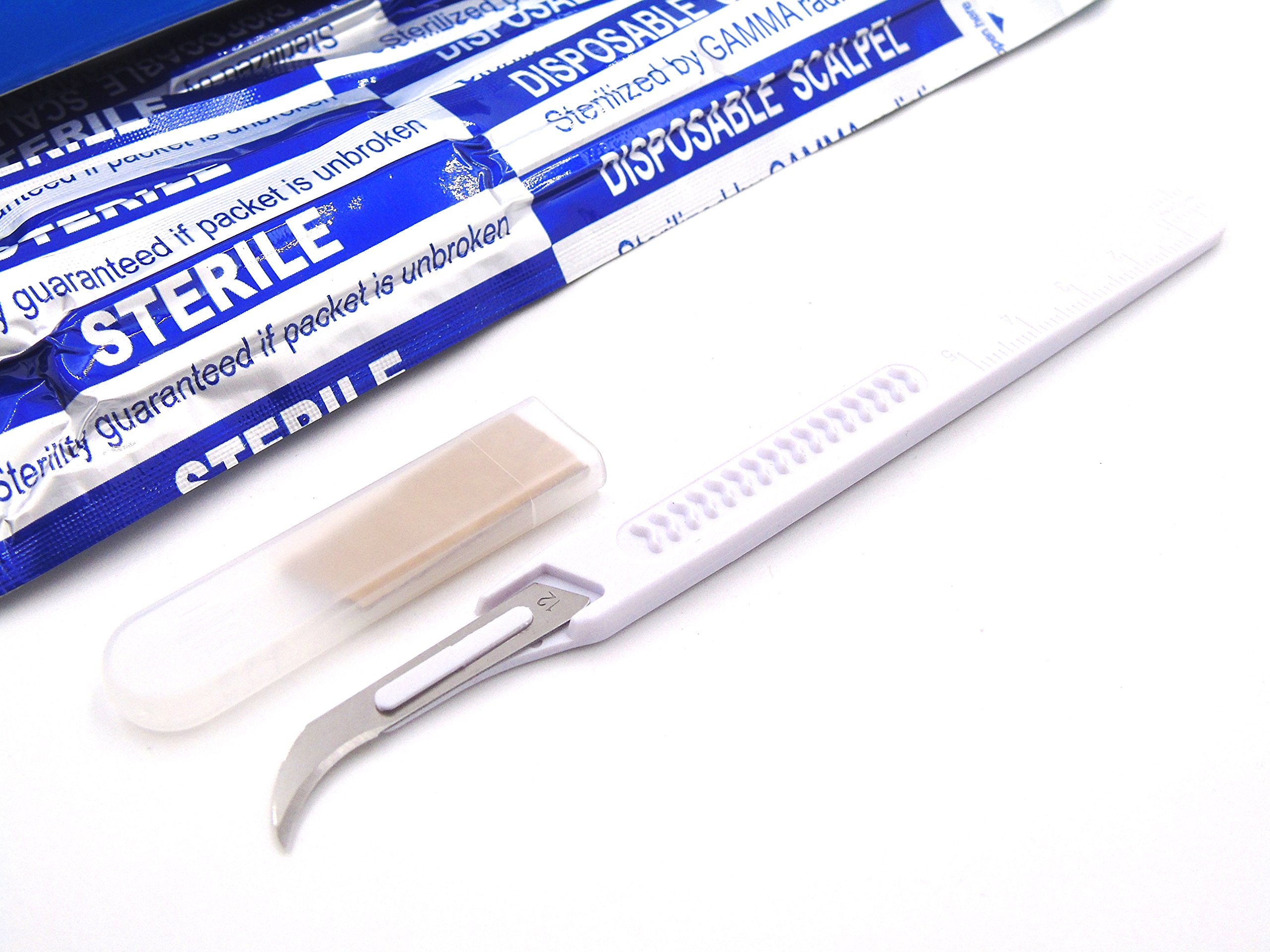 Disposable Scalpels High-Carbon Steel Blades, Plastic Graduated Handle, Sterile, Individually Foil Wrapped, Box of 10 (Disposable Scalpel #12)