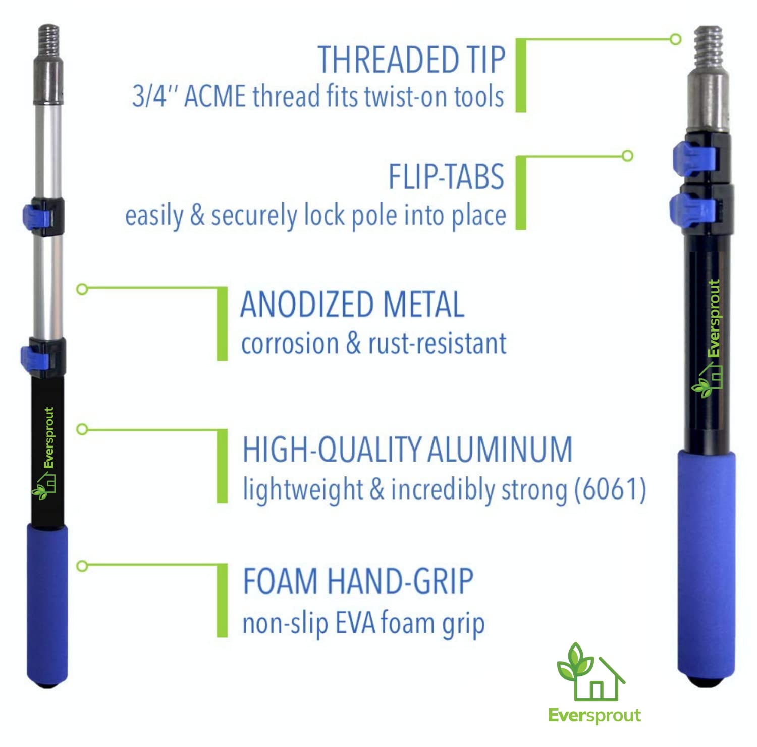 EVERSPROUT 1.5-to-3 Foot Light Bulb Changer and Extension Pole Combo | Extendable Padded Bulb Gripper securely fits Standard Bulbs, Florescent, LED, Incandescent Bulbs, More