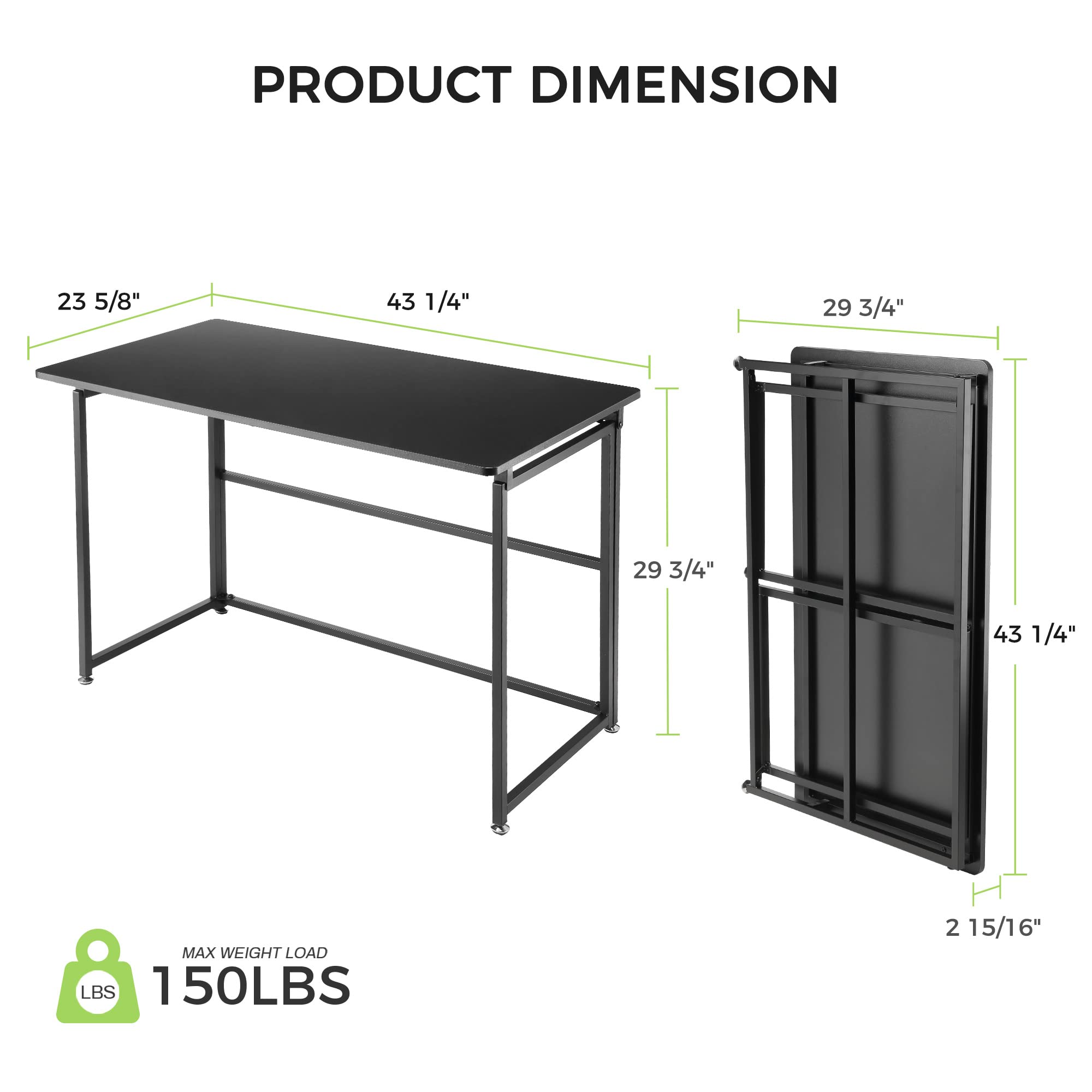 Eureka Ergonomic 43.2 inch Folding Computer Desk, Foldable Table, No Assembly for Home Office Writing PC Study, Portable, Adjustable, Black