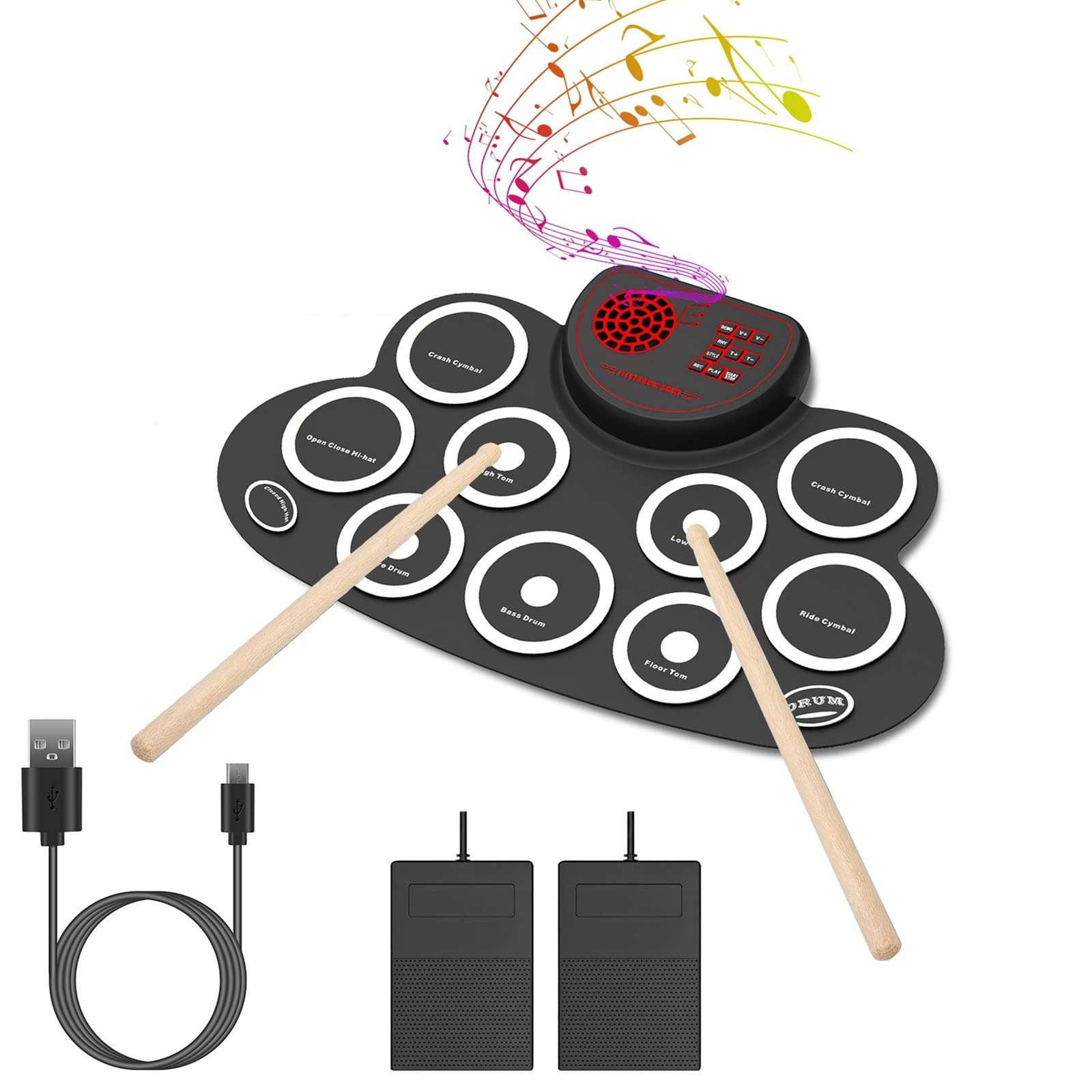 KOCASO Electric Drum Pad Foldable 10-Drum Silicon Drum Kit Dual-Pedal Foldable Electronic Drum Set Machine with Drum 2 Sticks Headphone Jack Speaker for Kids, Beginners