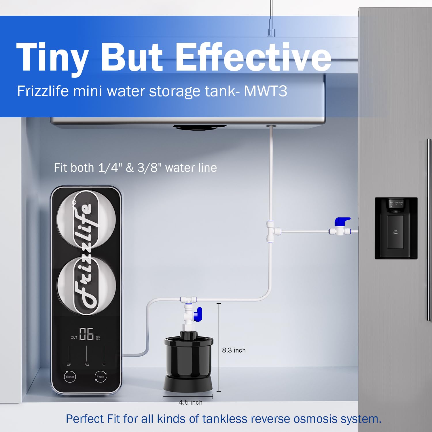Frizzlife Pressure Mini Water Tank for All Tankless Reverse Osmosis System, Small Water Storage Tank for PD600, PX500A, PD800, PD1000, PD400, G3P600, G3P800, G2, Fit 1/4β & 3/8β Water Tubing RO system