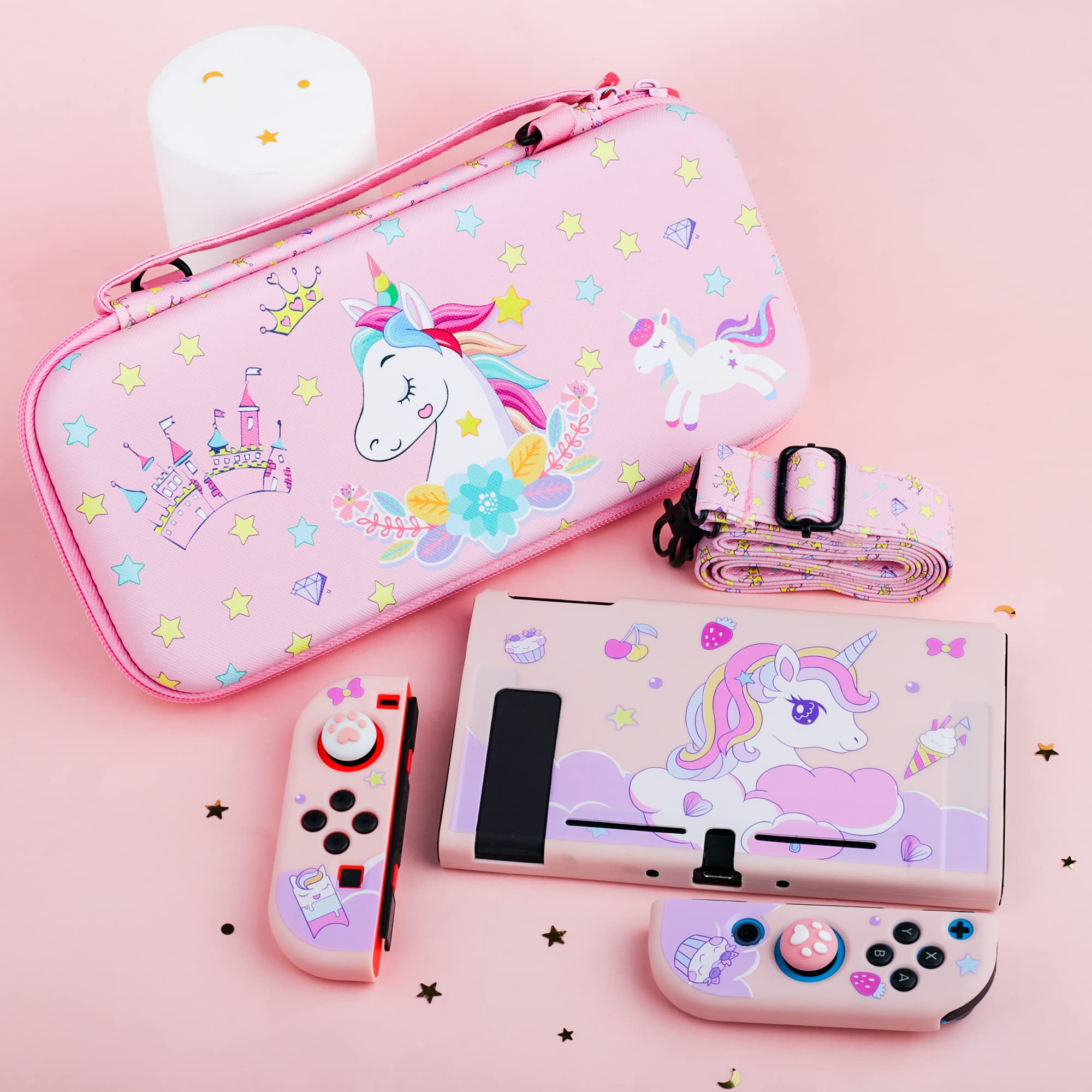 GLDRAM Unicorn Case for Nintendo Switch Accessories, Pink Carrying Case Bundle with Travel Bag, Soft TPU Cover, Screen Protector, Paw Thumb Grip Caps, Shoulder Strap, Cute Switch Kit for Girls