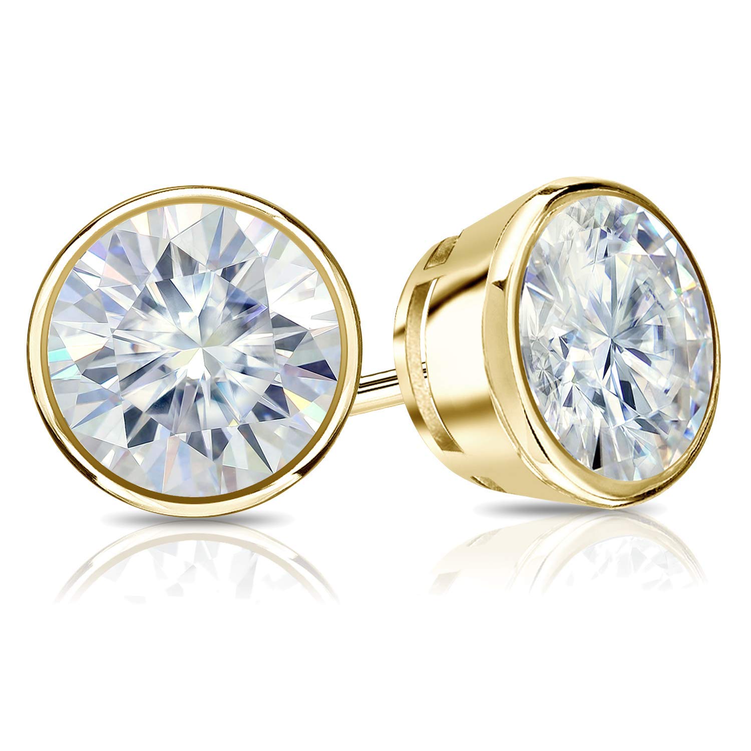 Diamond Wish 1 Carat Moissanite Round Stud Earrings in 14k Yellow Gold (J-K, 5 mm, TGW) Bezel Set Screw Back