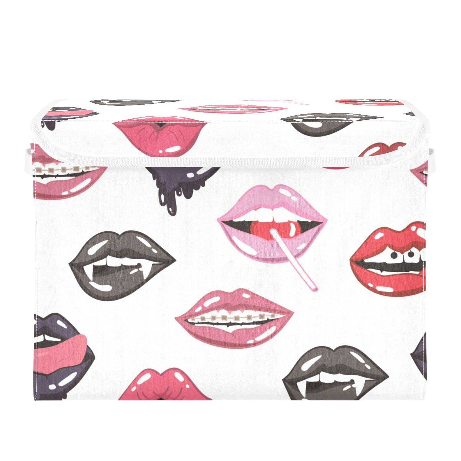 FRODOTGV Various Sexy Lips Colored Large Foldable Storage Boxes with Lid Fabric Collapsible Storage Bin Closet Organizer Storage Box with Handles