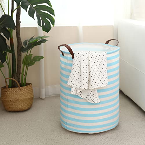 Yanzhi 2 Pcs Laundry Hamper With Leather Handles,20 inch Tall Large Collapsible Round Laundry Basket,Separator Clothes Hamper Basket Foldable Laundry Organizer for Clothes Storage(Blue tw)