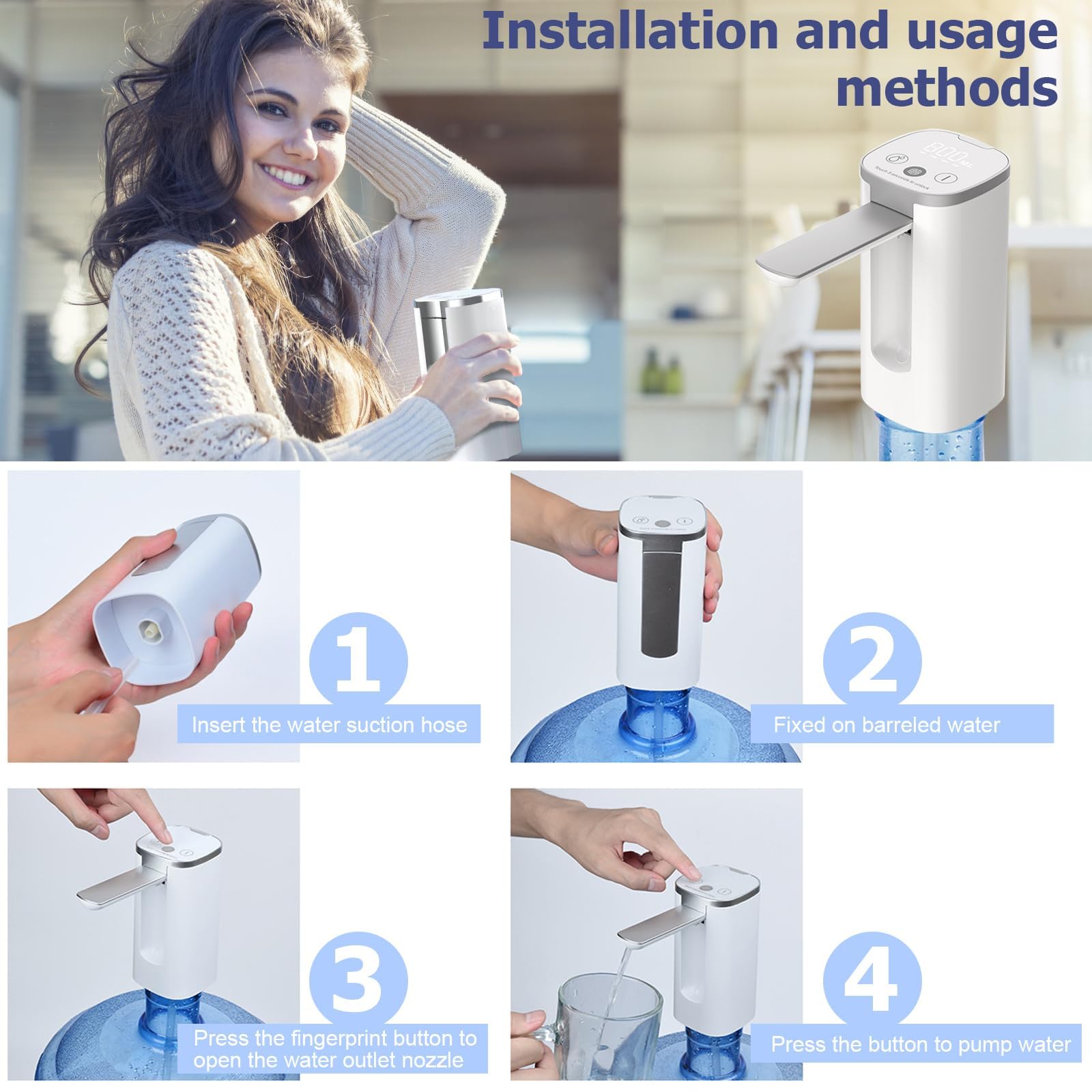 FEERNICH Water Dispenser for 5 Gallon Bottle,Universal Automatic Portable Water Bottle Pump Foldable Electric Drinking Water Pump 1200mAh USB Charging Suitable to Home Office Camp Travel (White)