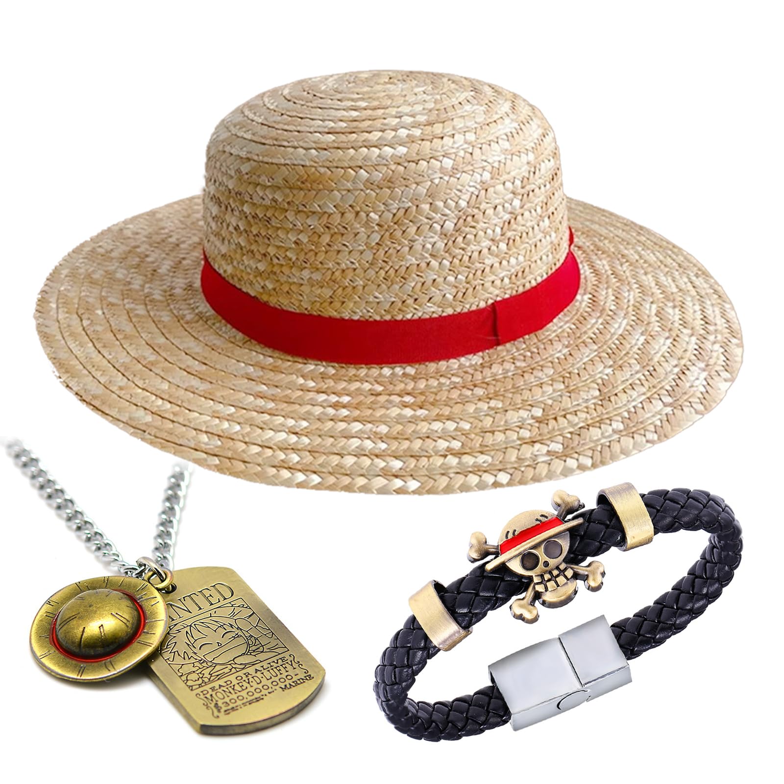 HJYZY Luffy Straw Hat Summer Beach Sun Hat One P. Necklace PU Leather Bangle Bracelet Wristband 3 pcs