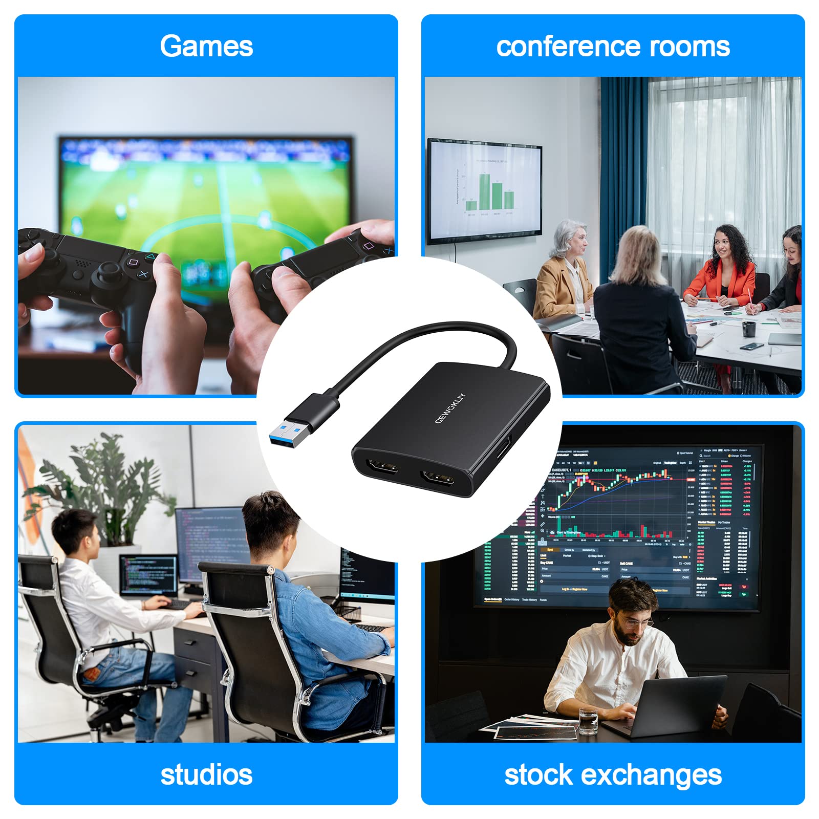 GEWOKLIY USB Dual HDMI Adapter, 1080P@60Hz, 3.5mm Audio Port, USB 2.0, Windows 7/8/10/11 Compatible