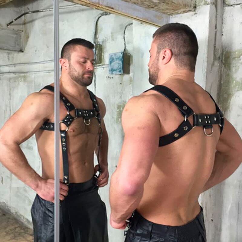 Furealux Harness for Man Adjustable Leather Harness Body Chest Black Rivets Harness Punk Belt Clubwear Costume