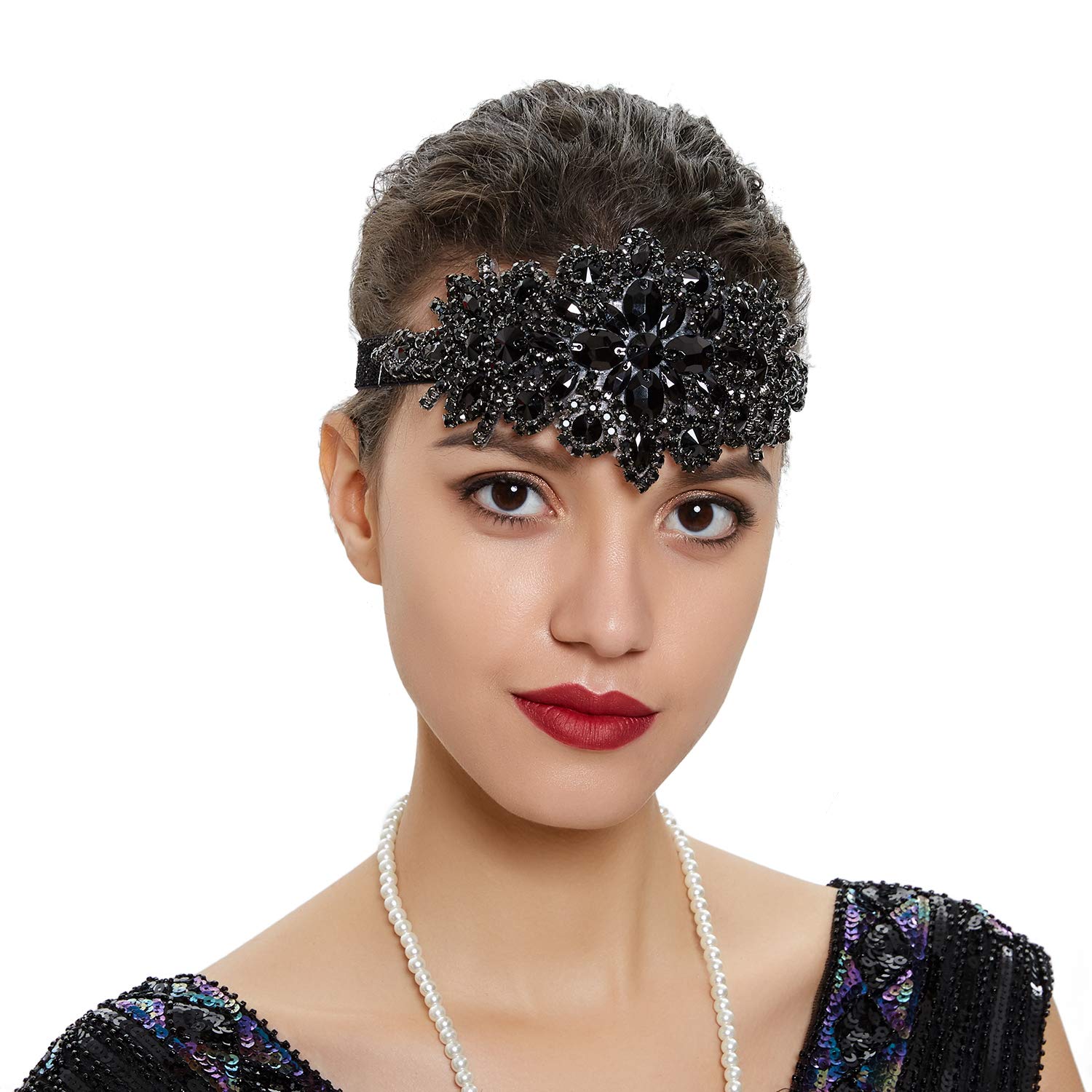 LATIMOON 1920s Flapper Headband Ostrich Feathers Headpiece Roaring 20s Sequins Headband Great Gatsby Hair Accessories for Women