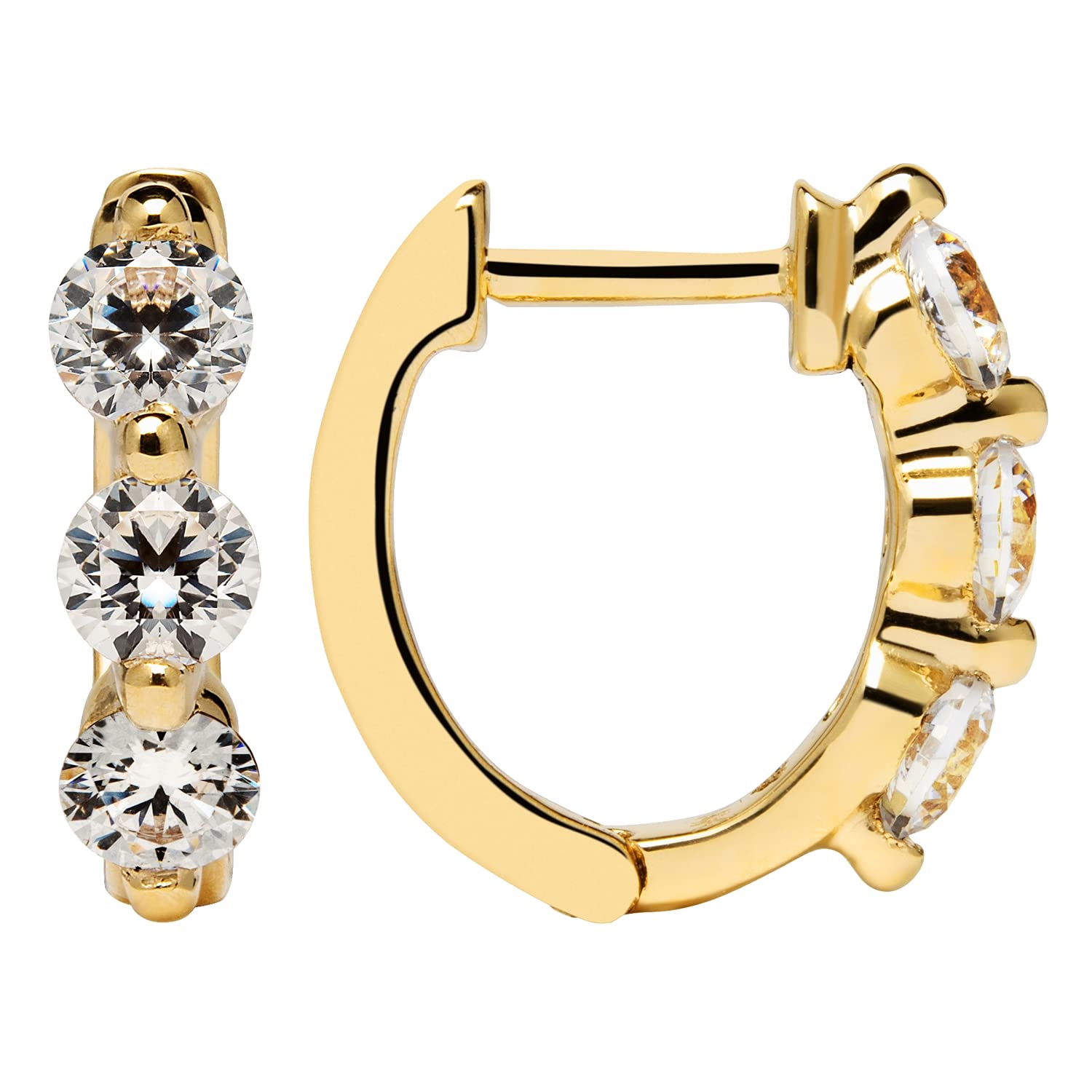 Everyday Elegance 14K Solid Yellow Gold Earrings Round Cut Huggie Hoop 3-Stone Cubic Zirconia .50 CTW With Gift Box
