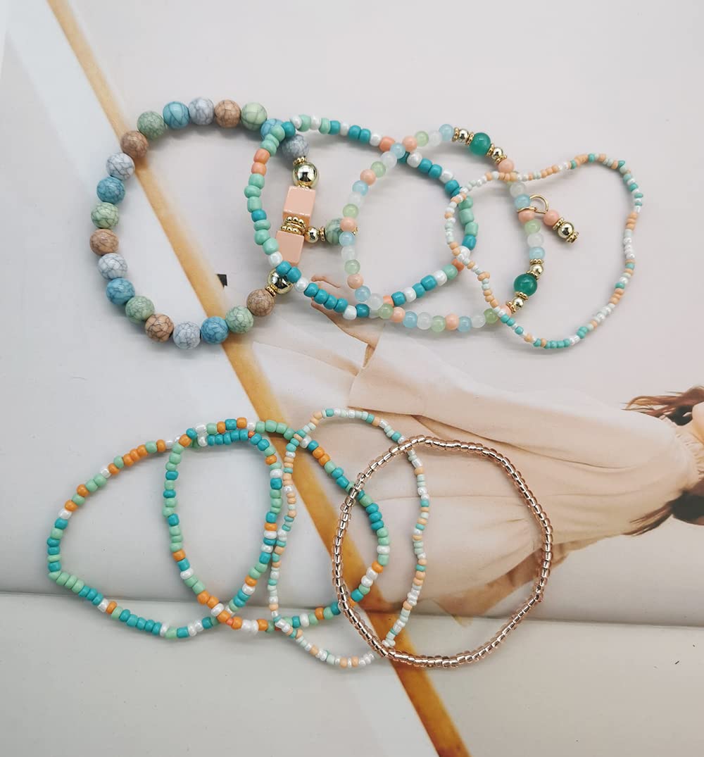 FINZOR 8 Sets Bohemian Bracelets for Women Stretch Multilayer Colorful Beads Bracelet with Charm Jewelry