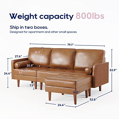 Vonanda Sofa Couch, Sectional Couch Convertible Sectional Sofa L Shaped Couch with Reversible Chaise and Bolster Pillows, Faux Leather Couch for Living Room, Apartment and Small Space, Caramel