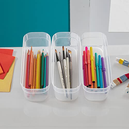 Sterilite 13538608 Narrow Storage Trays with Sturdy Banded Rim and Textured Bottom for Desktop and Drawer Organizing, Clear (24 Pack)