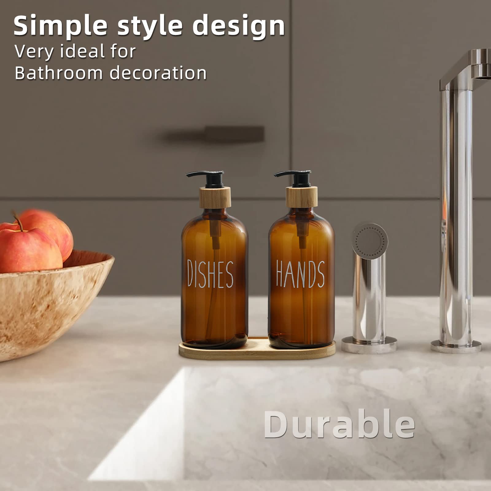 FEILANDUO Glass Soap Dispenser Set, Dish Soap Dispenser for Kitchen Sink, Hand Soap Dispenser for Bathroom with Bamboo Pump and Soap Tray, Farmhouse Home Decor (A- 2pcs Amber)