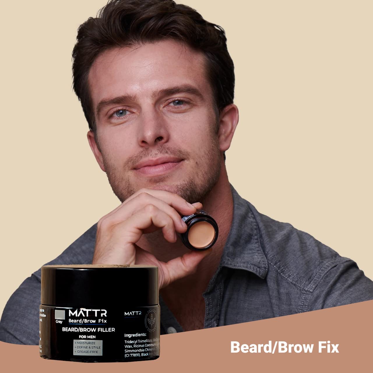 MATTR Beard/Brow Fix - Cosmetic Solutions for Men - Hair Filler and Growth Promoting Dye for Patchy Beards, Grey Hair Coverage, Hairlines & Eyebrows - Vegan Makeup - Travel-Size Jar - 15g (Blonde)