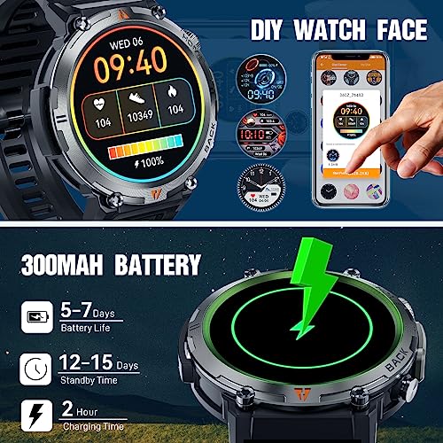 Military Smart Watch for Men with Flashlight(Bluetooth Call/Answer), 1.45β Rugged Tactical Smartwatch for Sleep Heart Rate Pedometer, Outdoor Fitness Tracker Compatible with Android iPhone Black