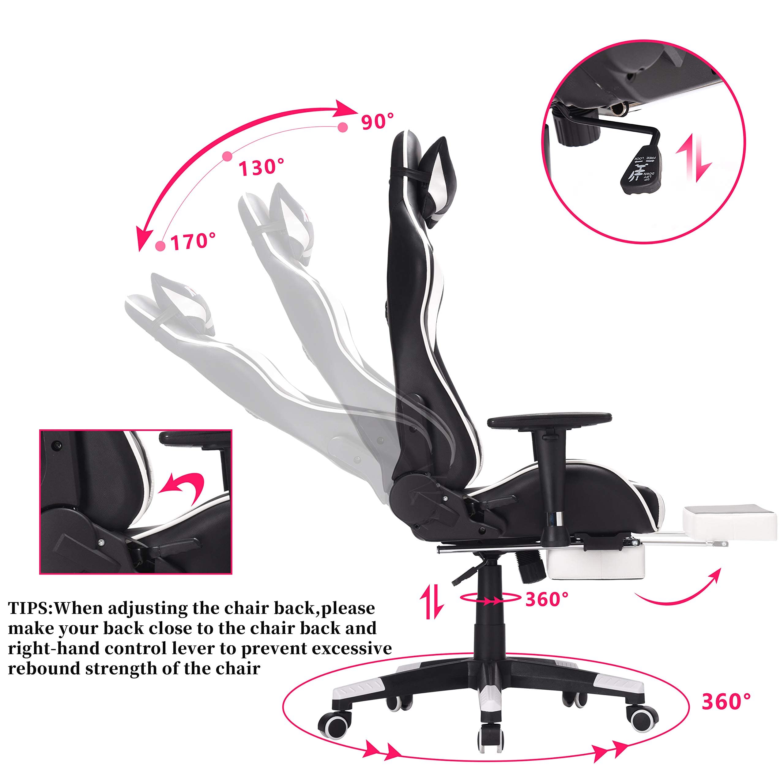 Gaming Chair with Footrest Gamer Chair Computer Chair Massage Gaming Chairs High Back Ergonomic Adjustable Office Chair with Headrest and Lumbar Support (Pink)