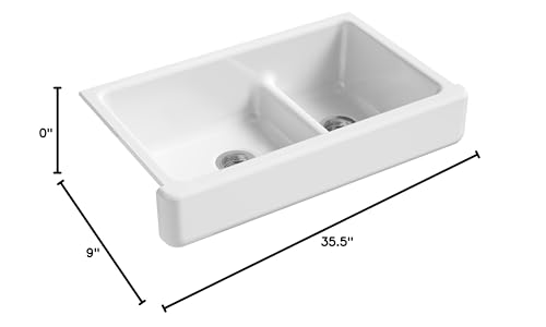 KOHLER K-6426-0 Whitehaven Farmhouse Smart Divide Self-Trimming Undermount Apron Front Double-Bowl Kitchen Sink with Short Apron, 35-1/2-Inch X 21-9/16-Inch X 9-5/8-Inch, White