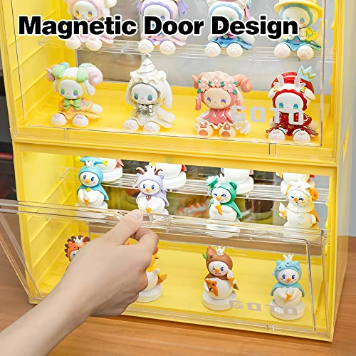 GOTO LED Lighting Display Storage Case, Dustproof Protection Display Box, Show Case for Action Figures, Pop Mart, Bearbrick Toys, Collectibles, Toys (1 Box with 3 Partitions and 1 Adapter, Yellow)