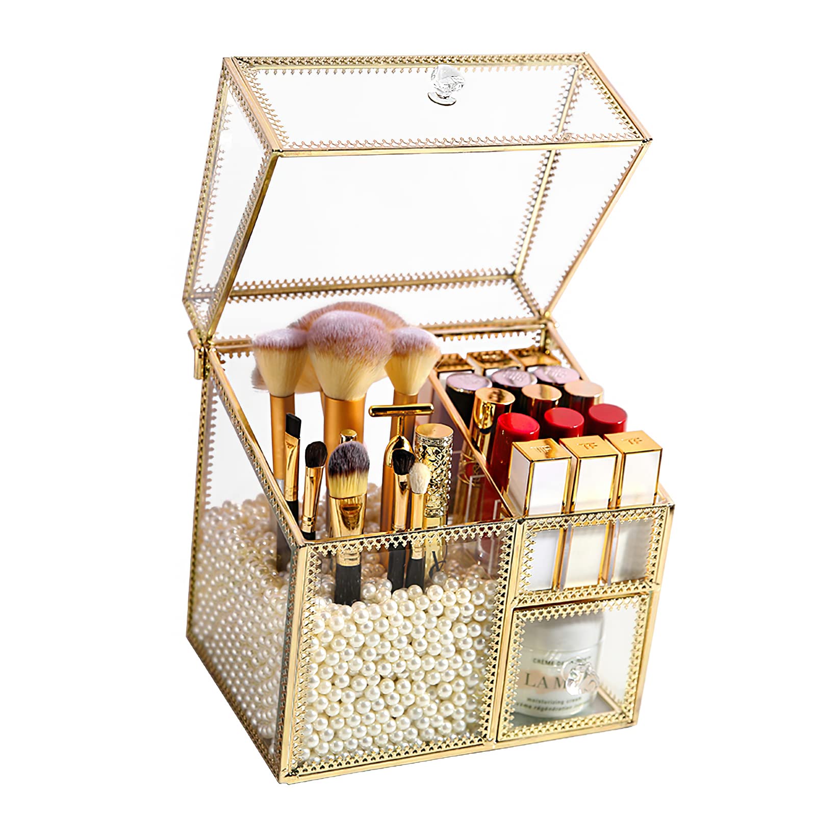 Large Glass Makeup Organizer Drawer Set Beauty Storage Bathroom Counter Organizer Cosmetic Display Jewelry Display Holder with 1300 pearls (16inx8.3inx4.3in)