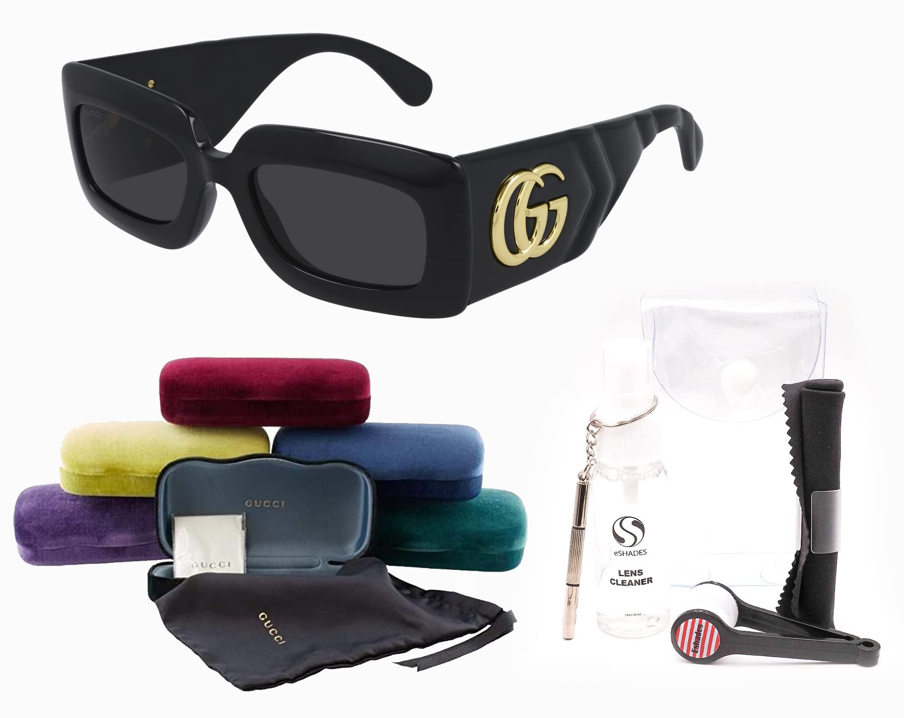 Gucci GG0811S Black Grey Rectangle Women's Sunglasses + Bundle with eSHADES Luxury Eyewear Kit
