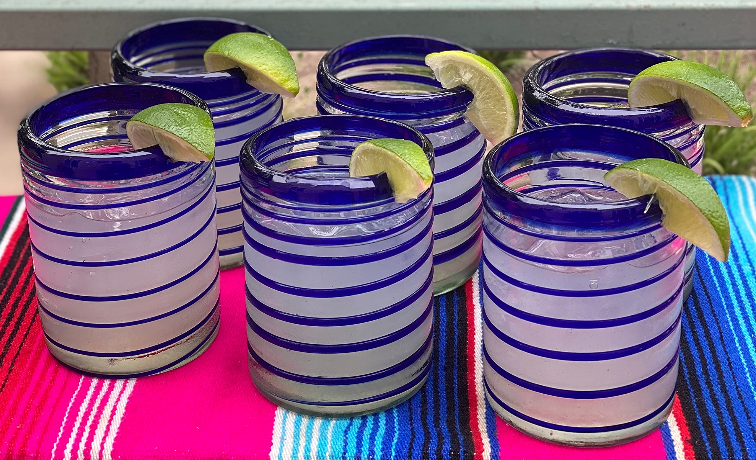 Hand Blown Mexican Drinking Glasses – Set of 6 Tumbler Glasses with Blue Spiral Design (10 oz each) …