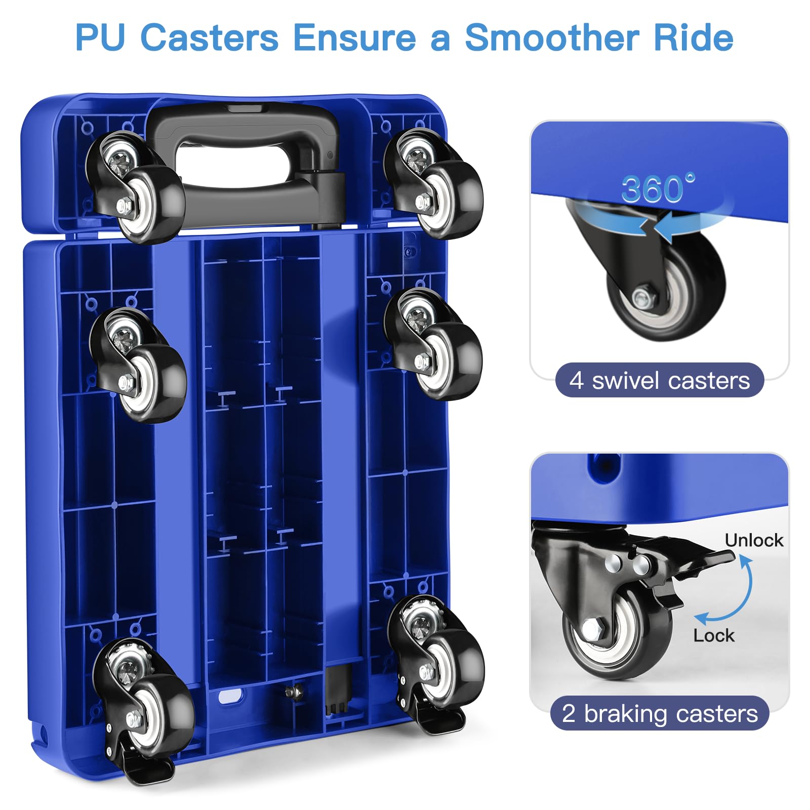 Homaisson Folding Hand Truck, Heavy Duty Dolly Cart for Moving, 550 LBS Hand Truck with 6 Wheels & 2 Rope for Luggage, Moving, Shopping, Office Use (Blue)