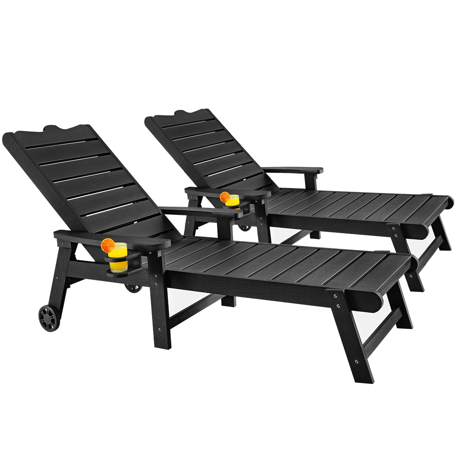 ONBRILL Patio Chaise Lounge Set of 2, Outdoor Lounge Chairs with 5-Level Adjustable Backrest, CupHolder, No Rust, No Fade, No Break, 350lbs Capacity, HDPS Material, Blue
