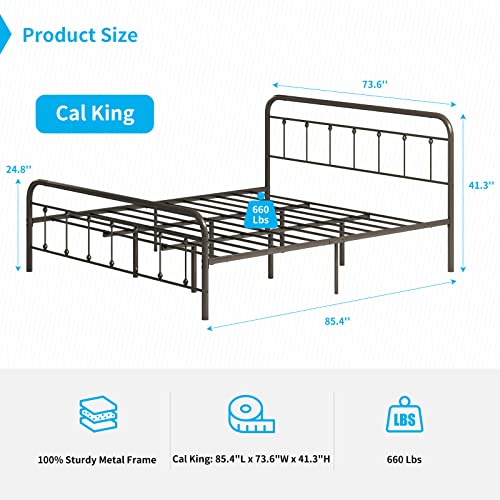 Mjkone California King Spindle Design Metal Bed Frame, Bed Frame with Headboard and Footboard, No Box Spring Needed Platform Bed Frame with Underbed Storage for Bedroom (Coffee)