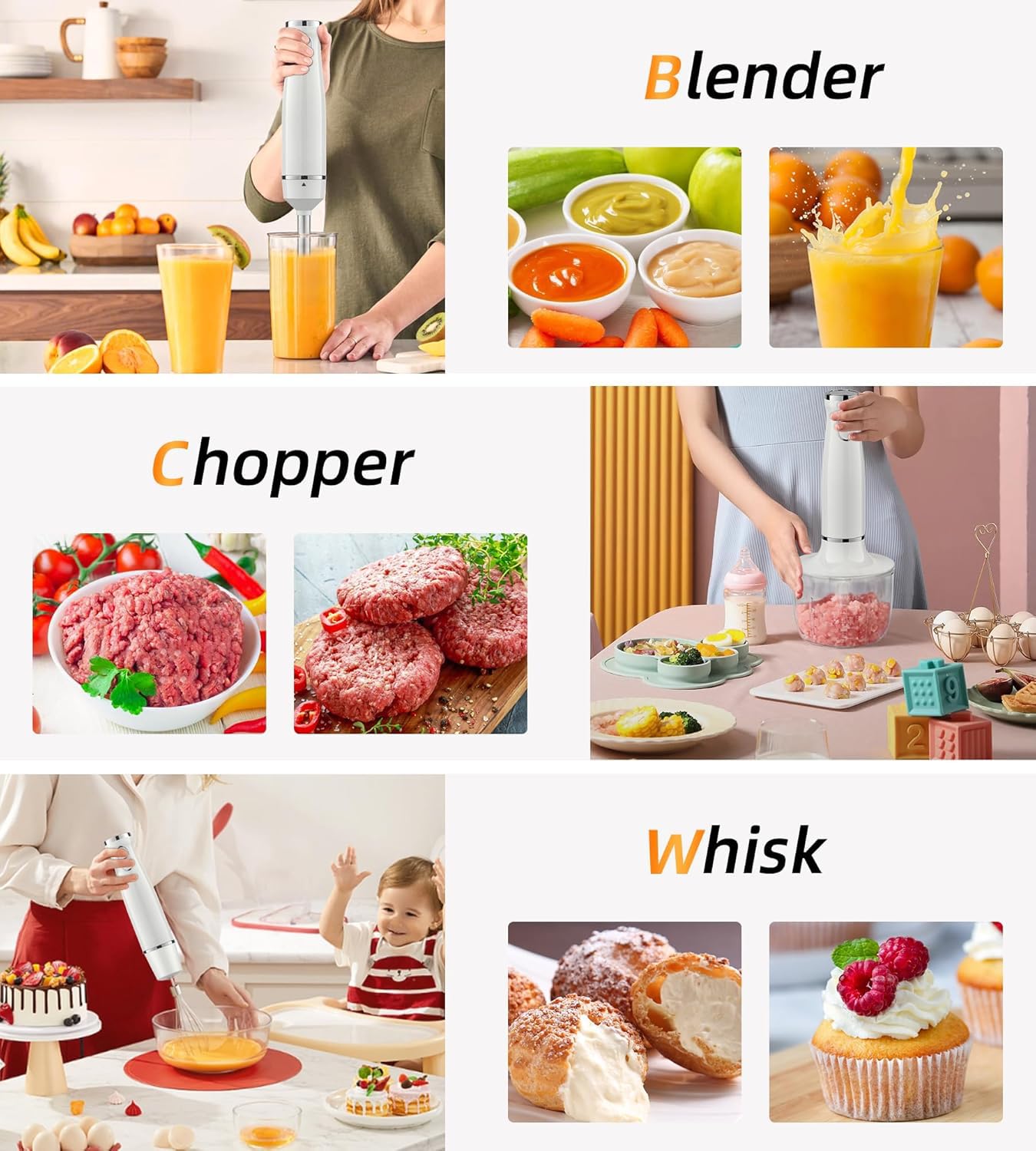 Immersion Blender Handheld, 5-in-1 Hand Blender for Kitchen, 2-Speed Stirrers Electric Whisk with 16.9OZ Food Chopper, 20.3OZ Container, Egg Whisk for Puree Infant Food Smoothies Sauces Soups