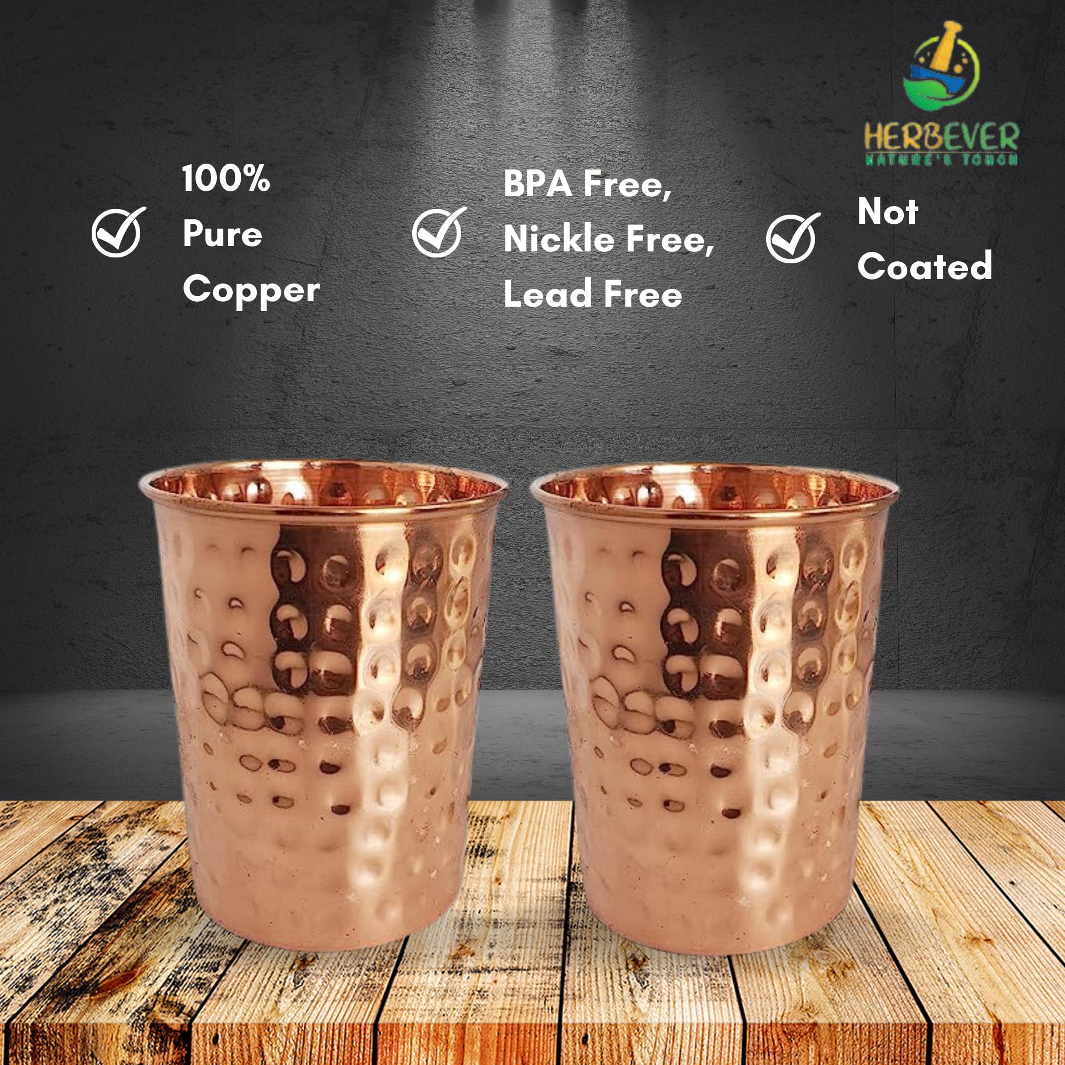 HERBEVER Pure Copper Hammered shape Water Tumbler Glasses for Healing Ayurvedic Set of 2